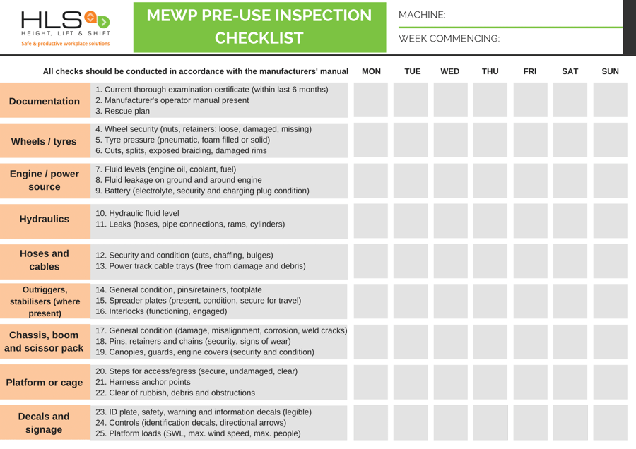 Download a checklist for your MEWP Daily Inspection