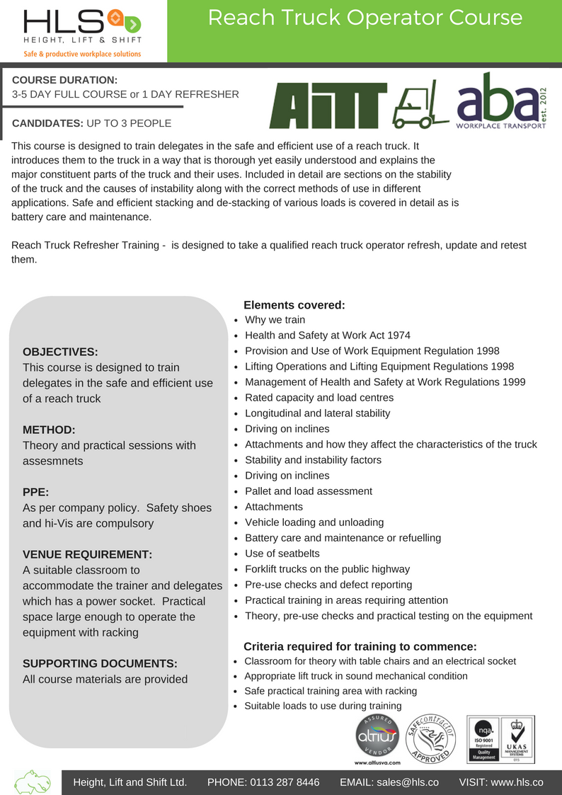 What does the reach truck training course cover?